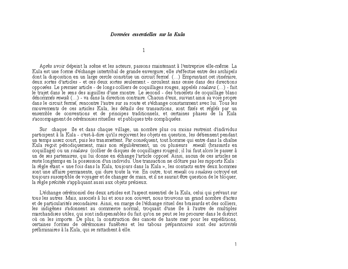Malinowski - Données essentielles sur la Kula - Données essentielles ...