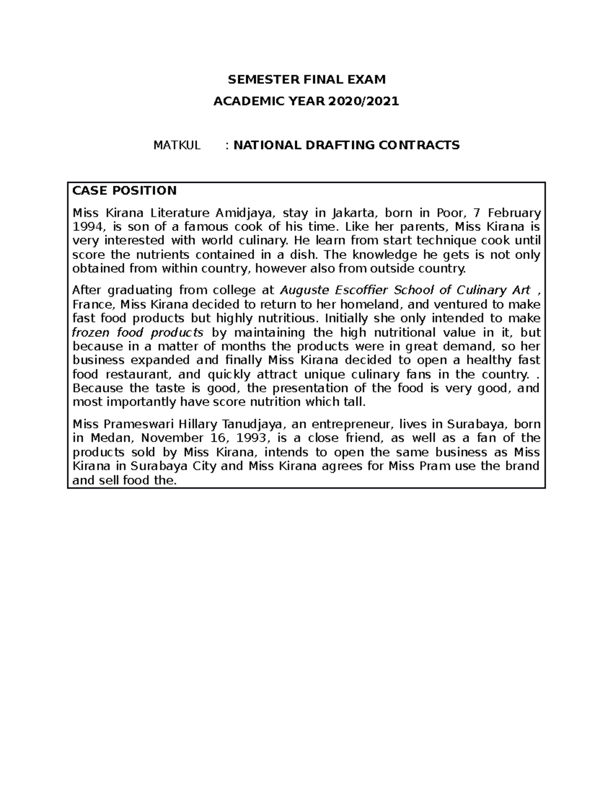 National Drafting Contract - Class A - Final Semester Exam - SEMESTER FINAL EXAM ACADEMIC YEAR ...