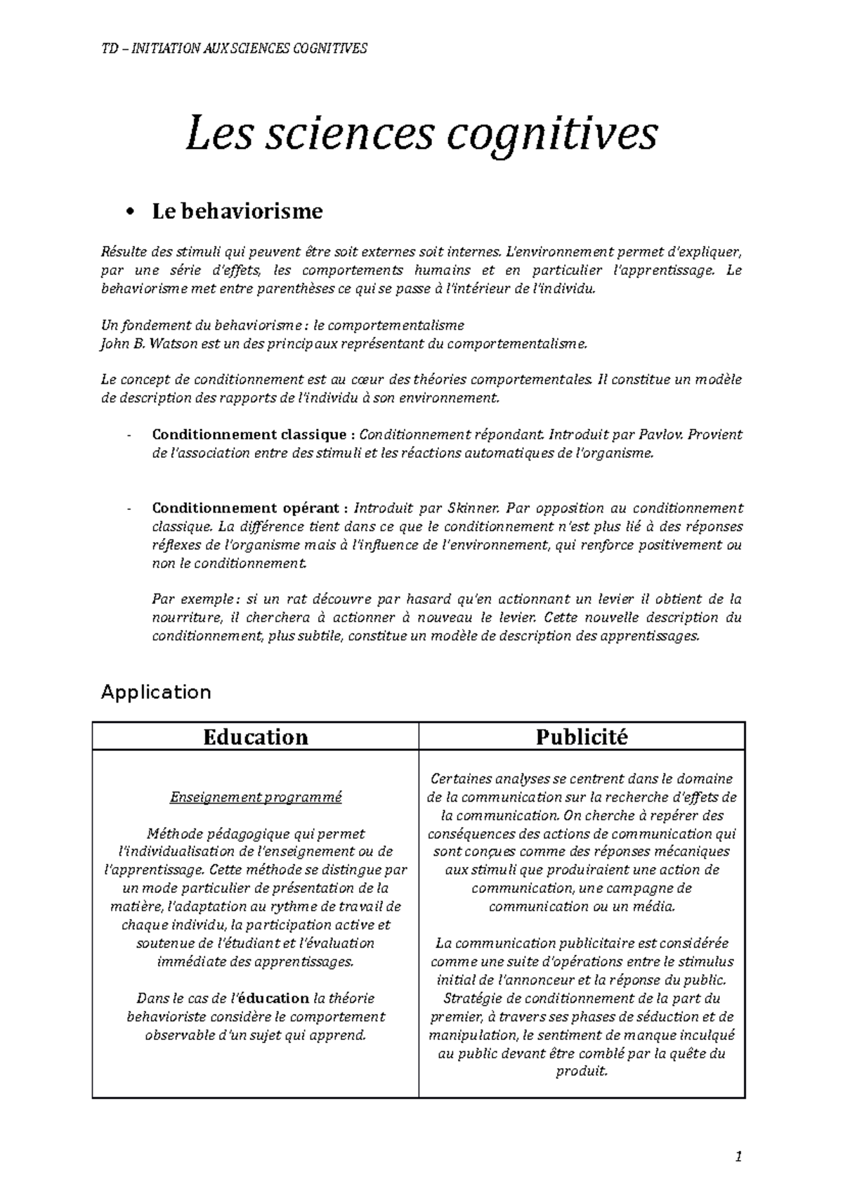 1 - Les Sciences cognitives - TD INITIATION AUX SCIENCES COGNITIVES Les sciences cognitives Le ...