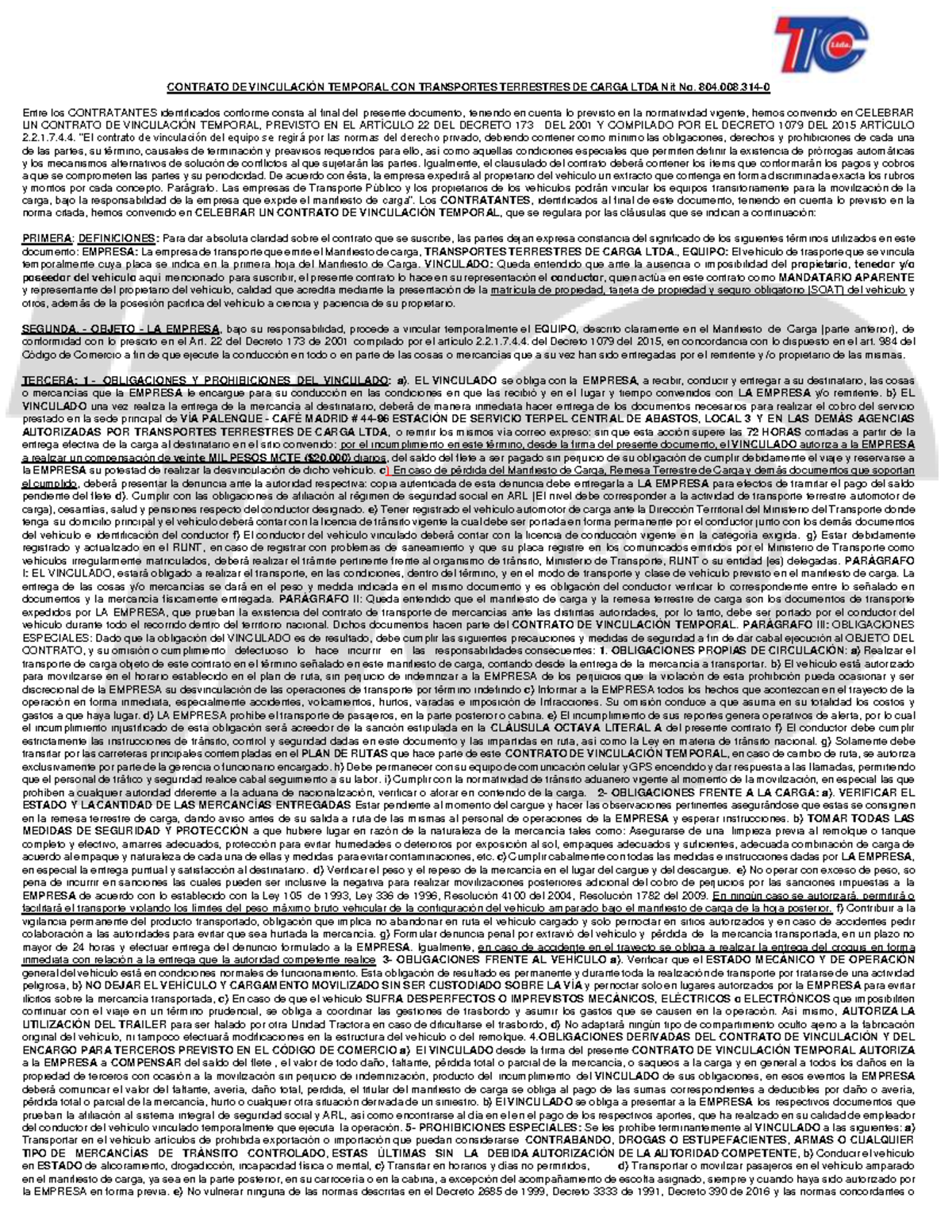 Acuerdo TTC - sddsd - CONTRATO DE VINCULACIÓN TEMPORAL CON TRANSPORTES ...