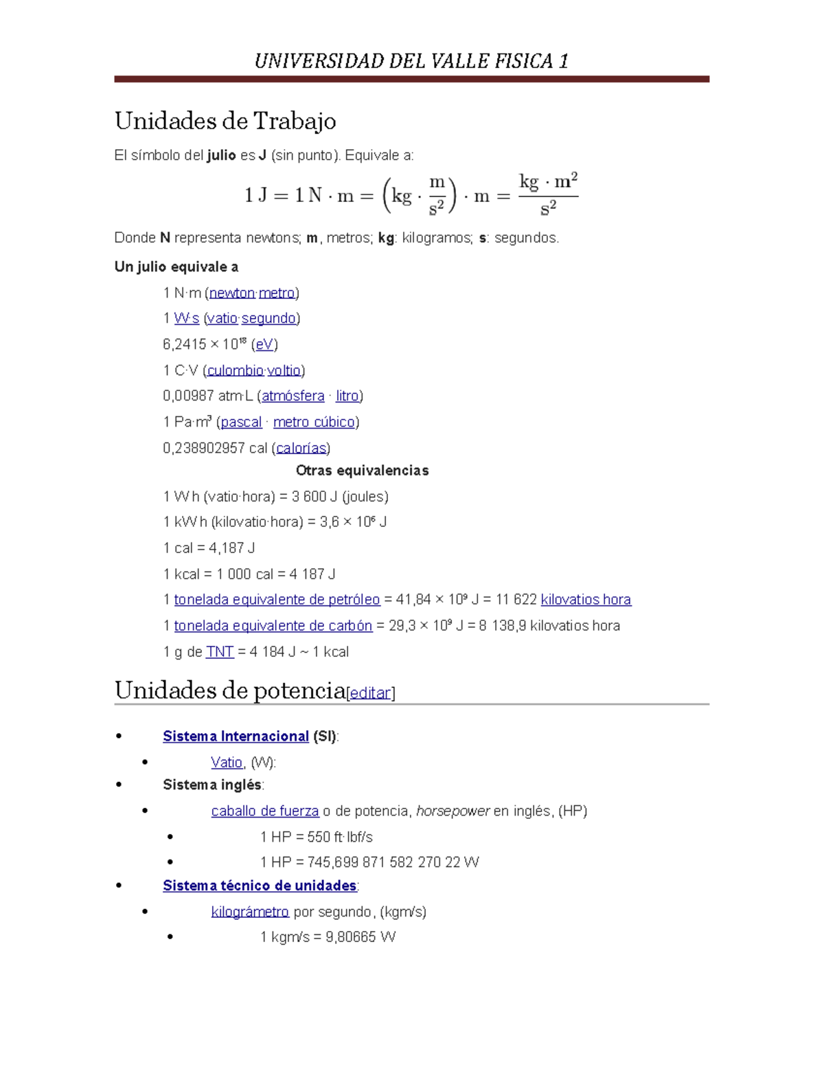 Unidades de Trabajo, Potencia y Energia - Unidades de Trabajo El ...