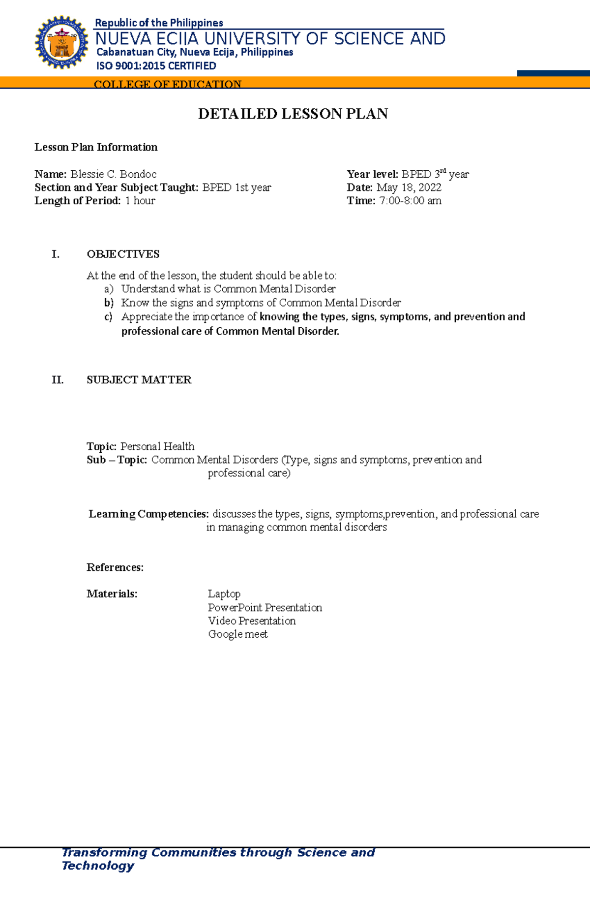 Detailed lesson plan - DETAILED LESSON PLAN Lesson Plan Information ...