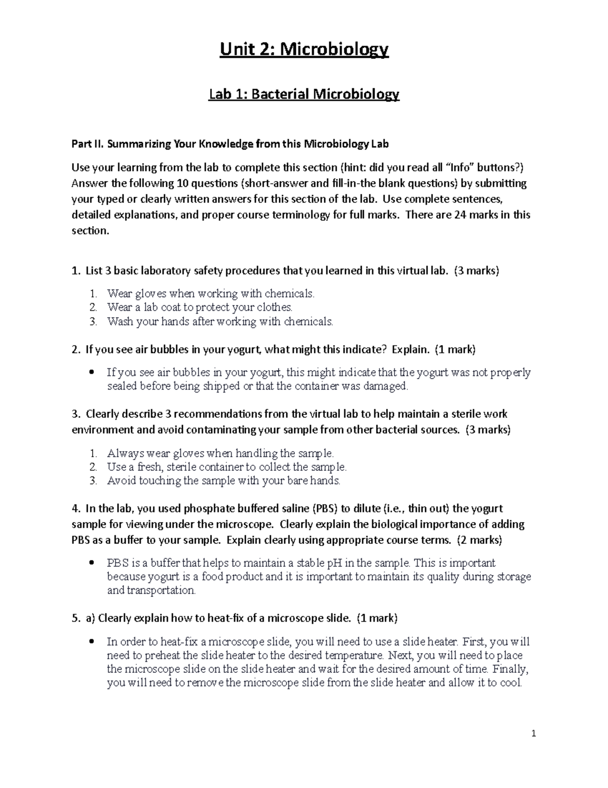 Unit 2:Lab 1 - None - Lab 1: Bacterial Microbiology Part II. Summarizing Your Knowledge from ...