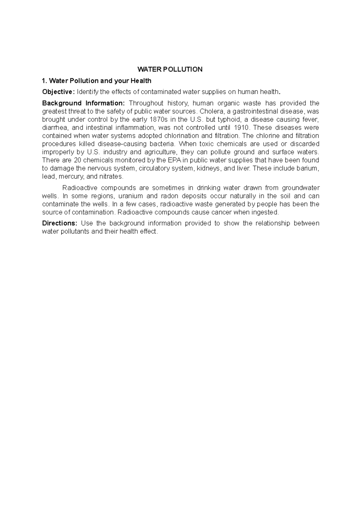 Environmental Science - WATER POLLUTION Water Pollution and your Health ...