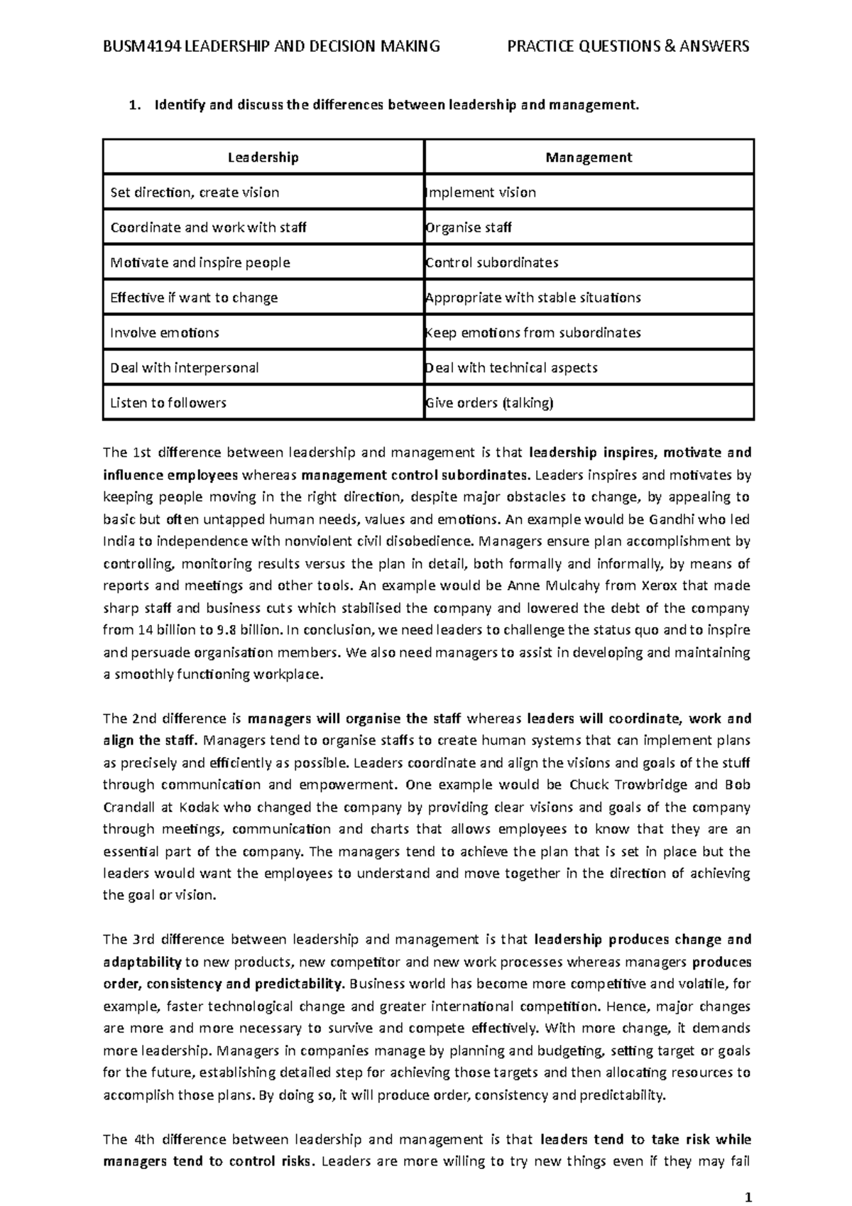Leadership And DEcision Making EXAM Notes - BUSM4194 LEADERSHIP AND ...