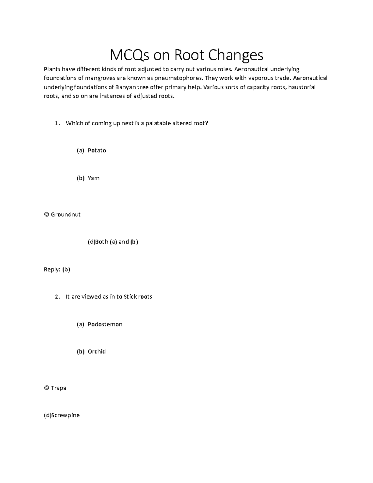 MCQs on Root Changes - useful study material - Plants have different ...