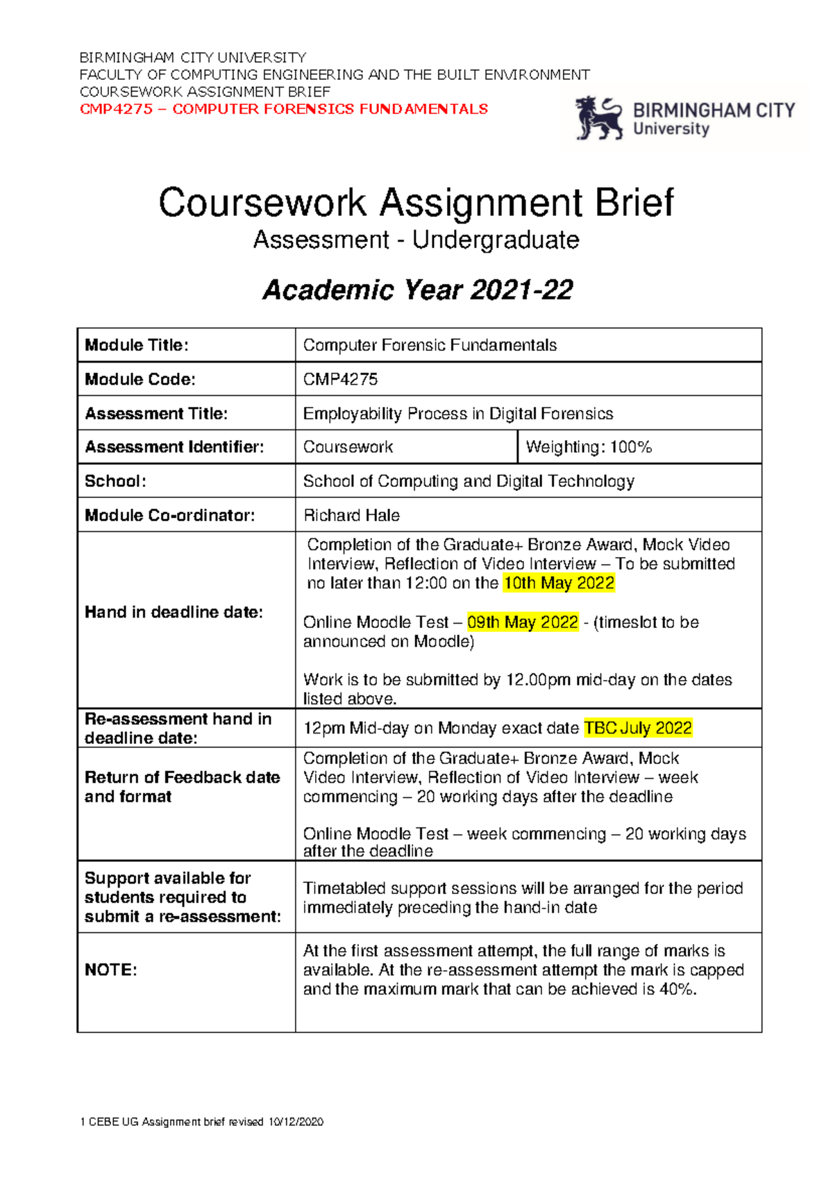 CMP4275 Coursework Assessment Brief 2022 - 1 CEBE UG Assignment brief revised 10/12/ BIRMINGHAM ...