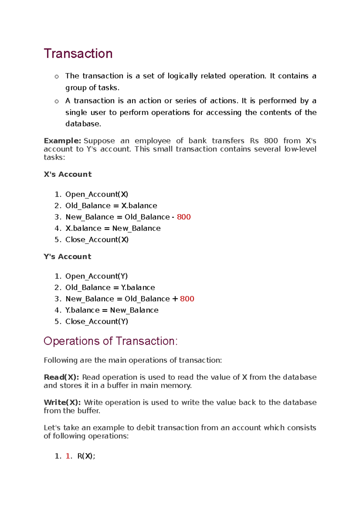 1Transaction system - Transaction o The transaction is a set of logically related operation. It ...