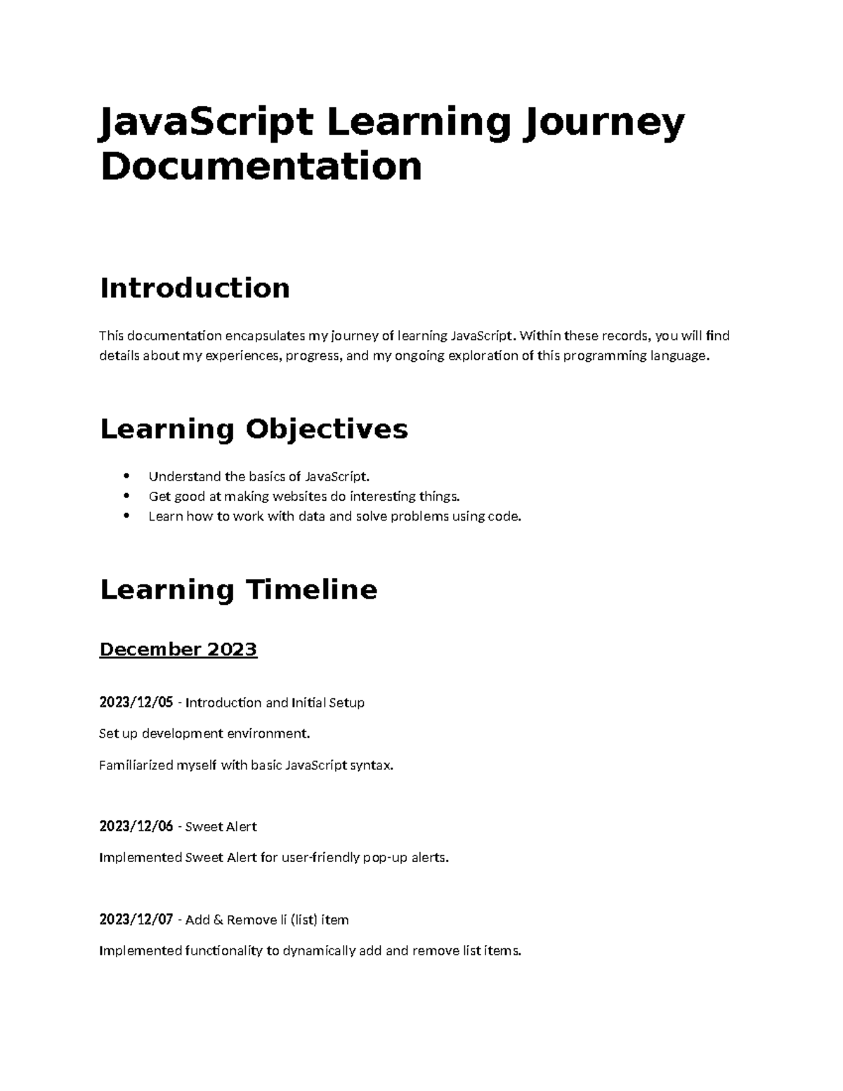 Java Script Learning Journey Documentation - Javascript Learning 