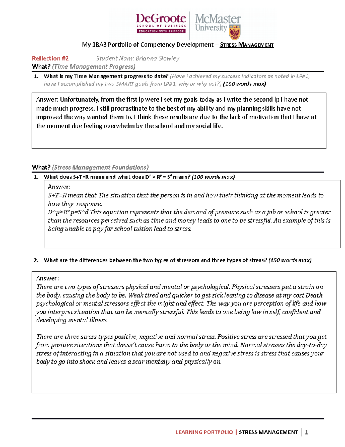 LP Reflection #2 - 1BA3 - Stress Management Template Fall 2023 - My ...
