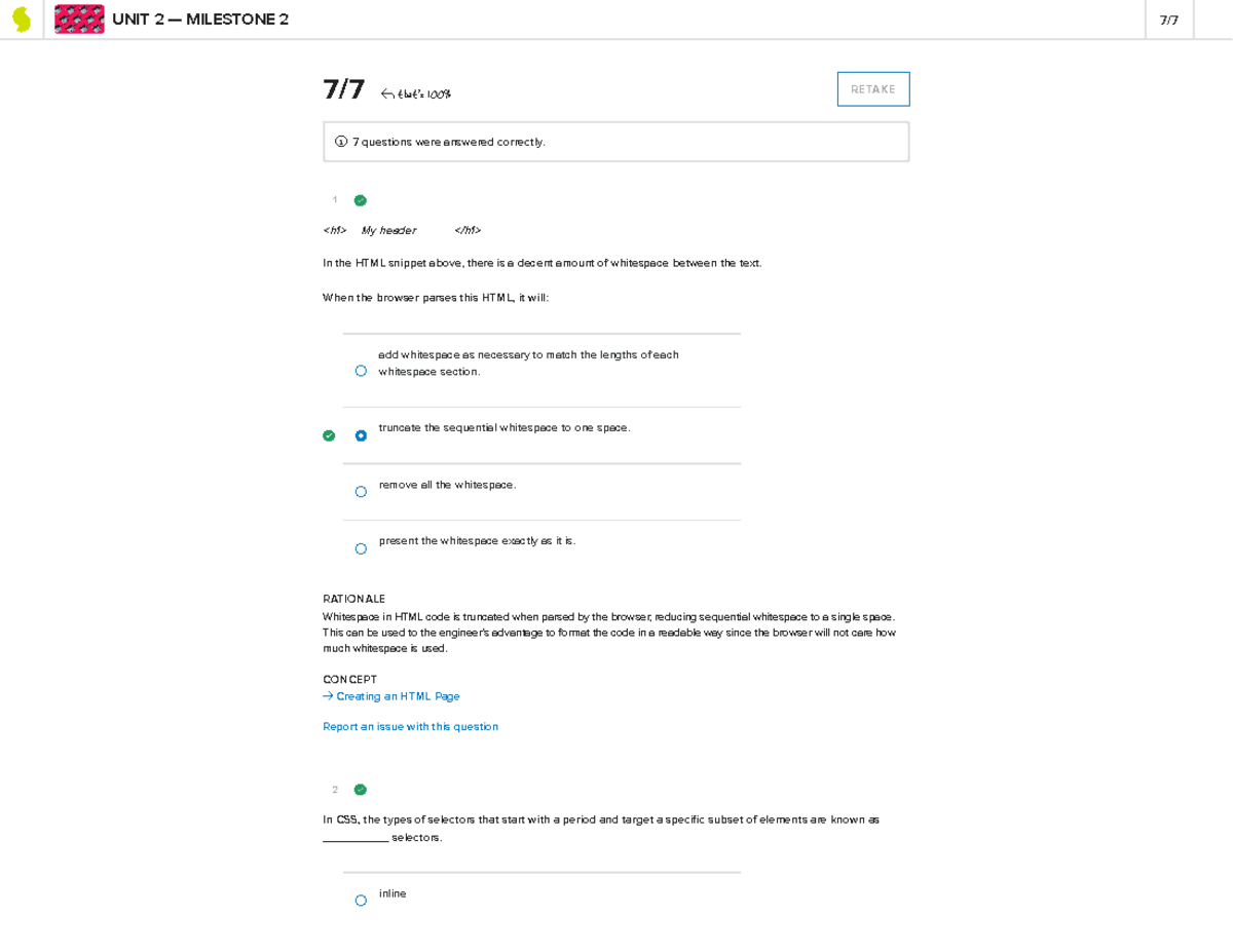 Milestone 2 - 1 CONCEPT → Creating an HTML Page 2 7/7 that's 100% ...