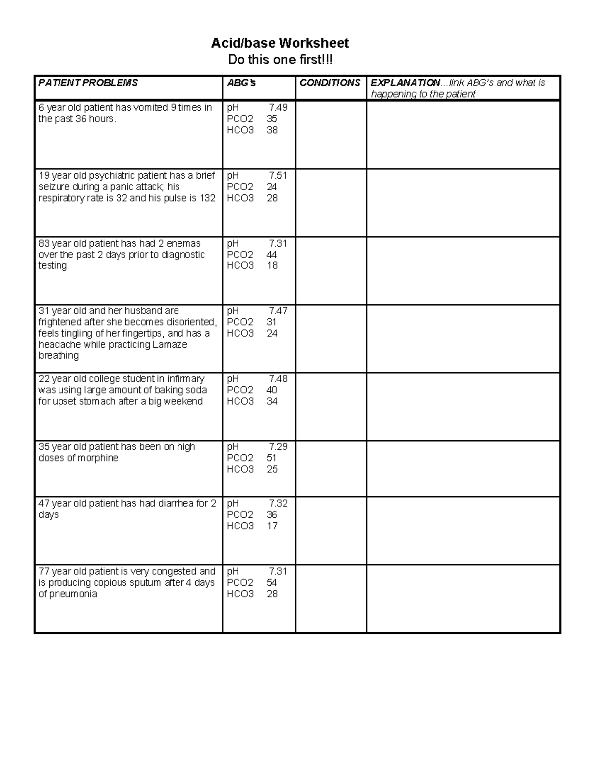 Acid base sheets - abgs - Acid/base Worksheet Do this one first ...