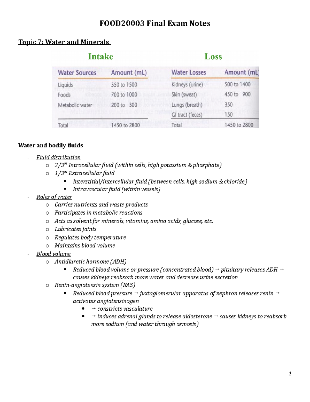 Final Exam Notes - FOOD20003 Final Exam Notes Topic 7: Water and ...