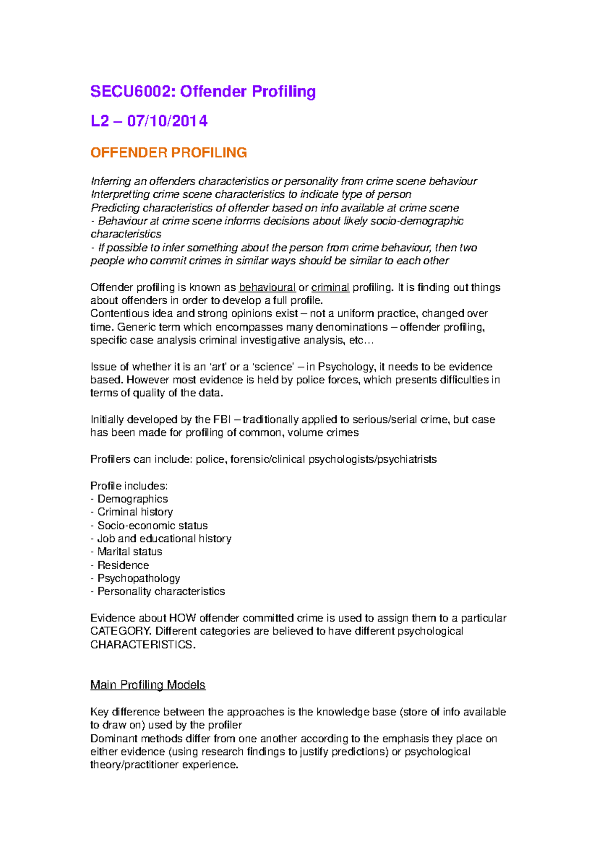 L2 - Offender Profiling - SECU6002: Offender Profiling L2 – 07/10 ...