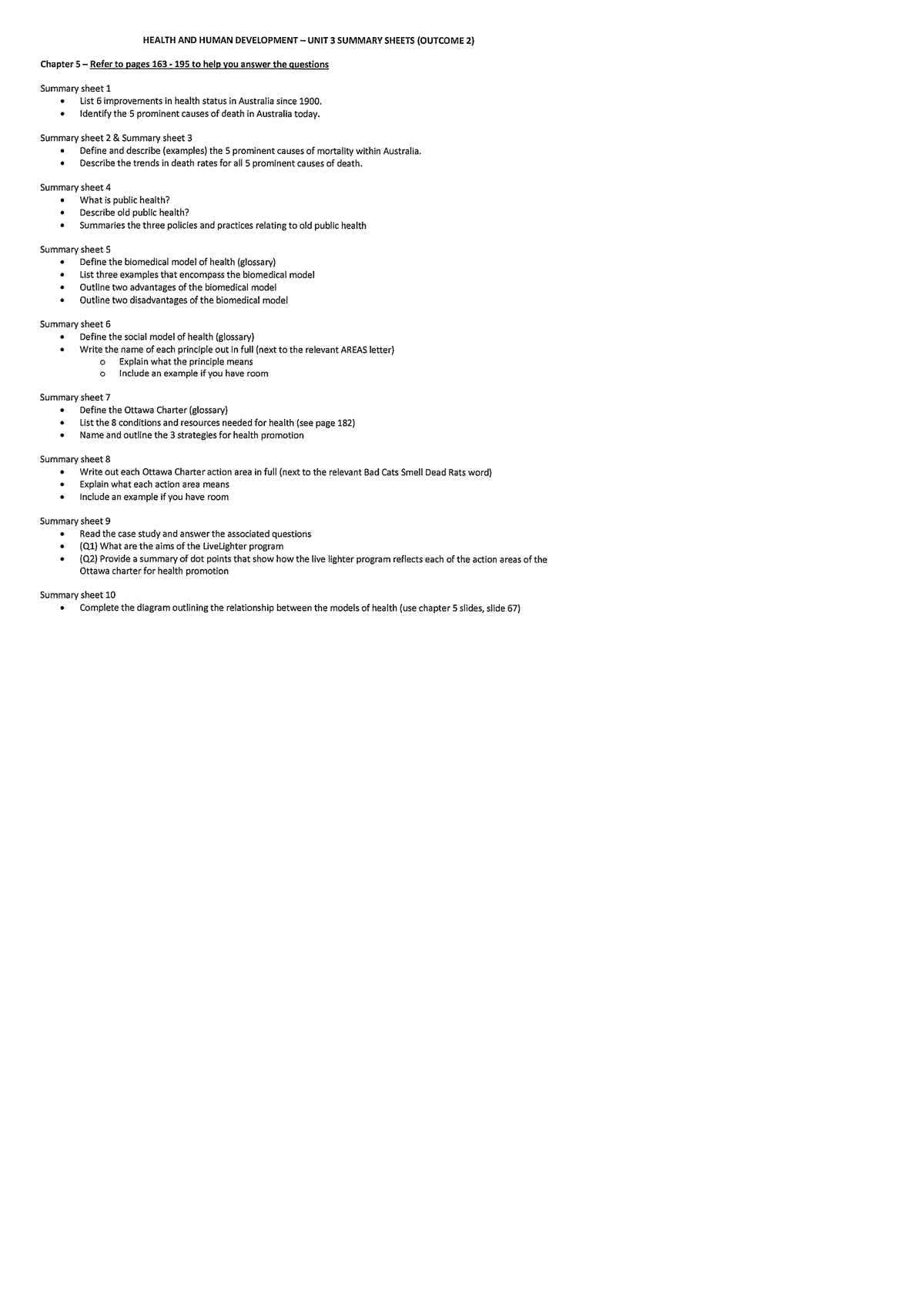 Hhd unit 3+4 chapter 5 summary sheet - HEALTH AND HUMAN DEVELOPMENT ...