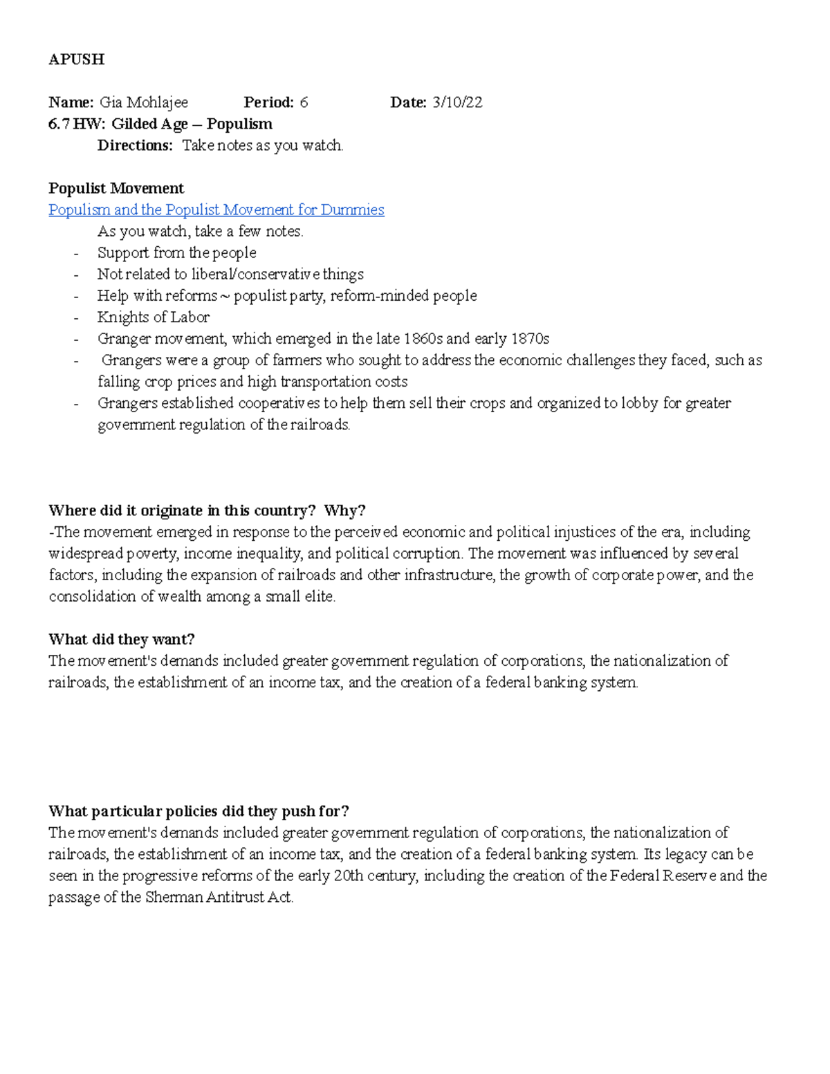 6.7 HW The Gilded Age - Populism - APUSH Name: Gia Mohlajee Period: 6 ...