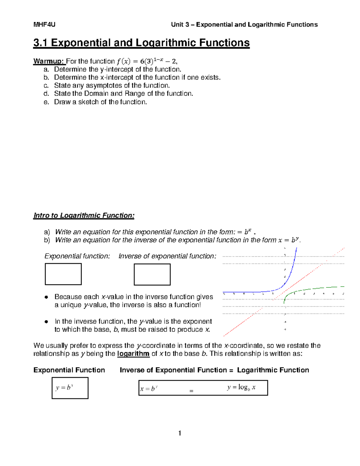 3.1 - Introduction to Logarithms (Blank Notes) - 3 Exponential and ...