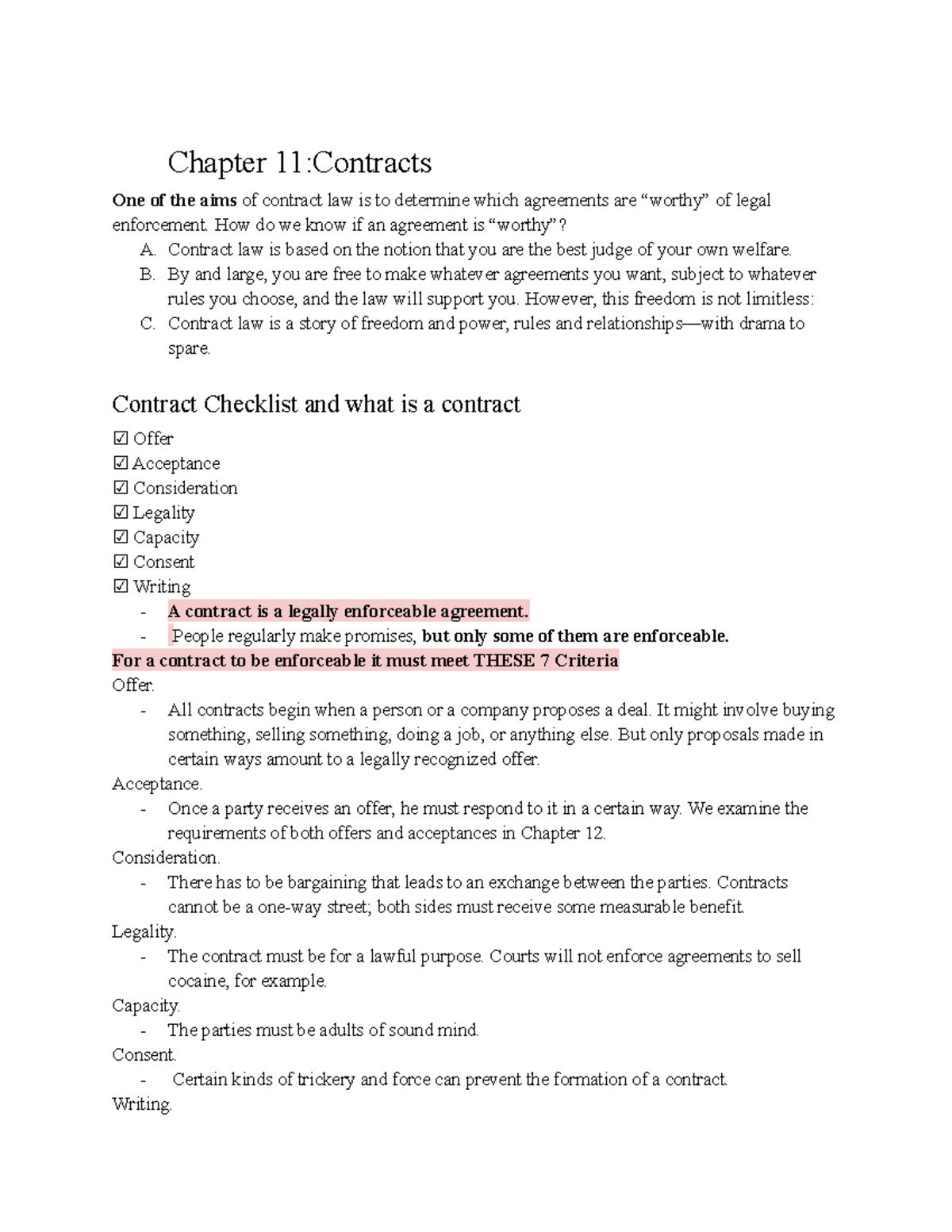 CH 11 Notes From Book - Chapter 11:Contracts One of the aims of ...