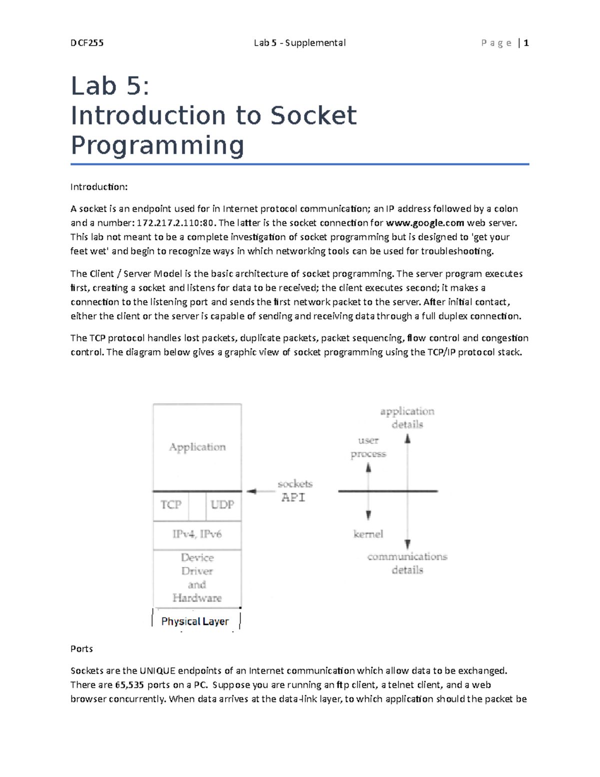 Intro to Sockets DCF 255 - DCF255 Lab 5 - Supplemental P a g e | 1 Lab ...
