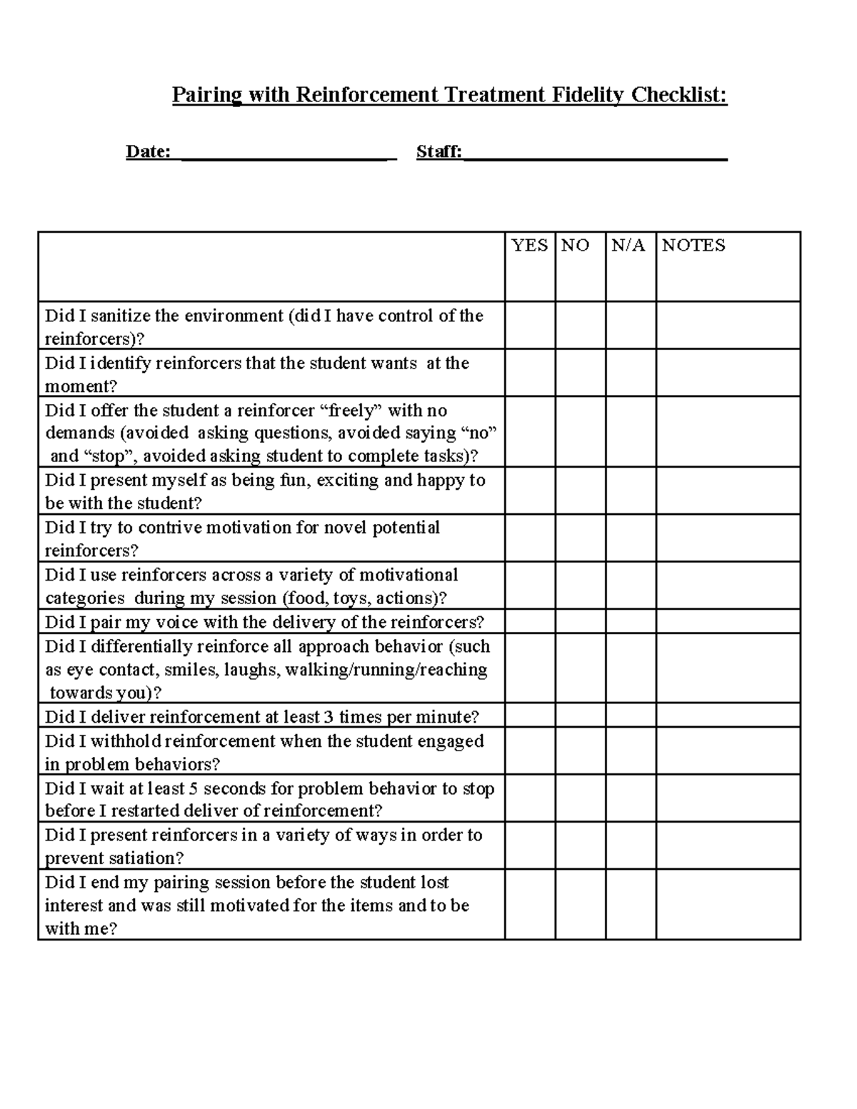 Pairing with Reinforcement Treatment Fidelity Checklist - Studocu