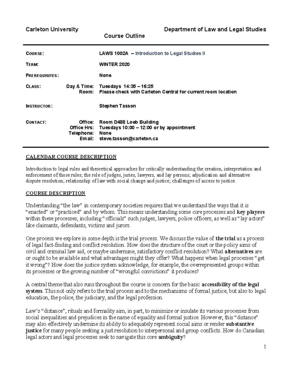 LAWS 1002 Syllabus - Outline - Carleton University Department of Law ...