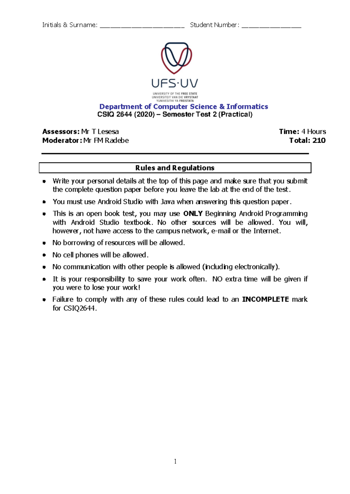CSIQ2644 Semester Test 2 2020 - Initials & Surname ...