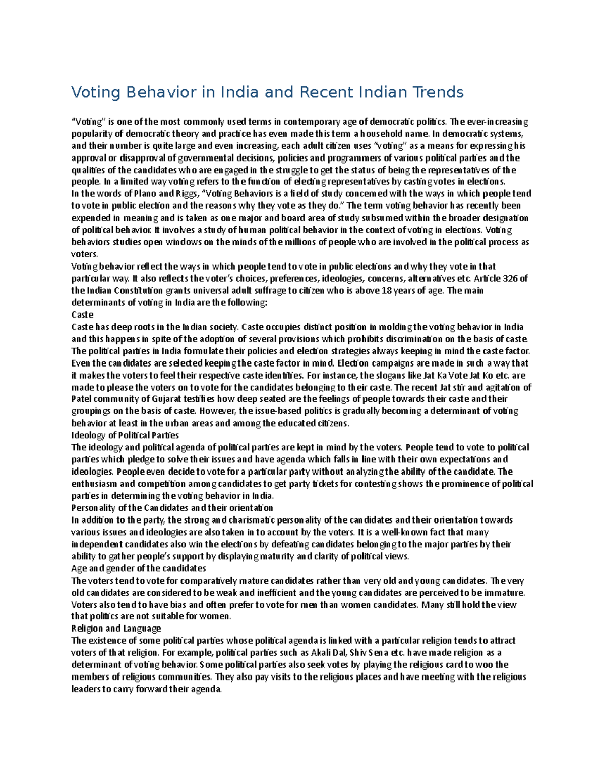 Voting Behavior in India and Recent Indian Trends - Voting Behavior in ...