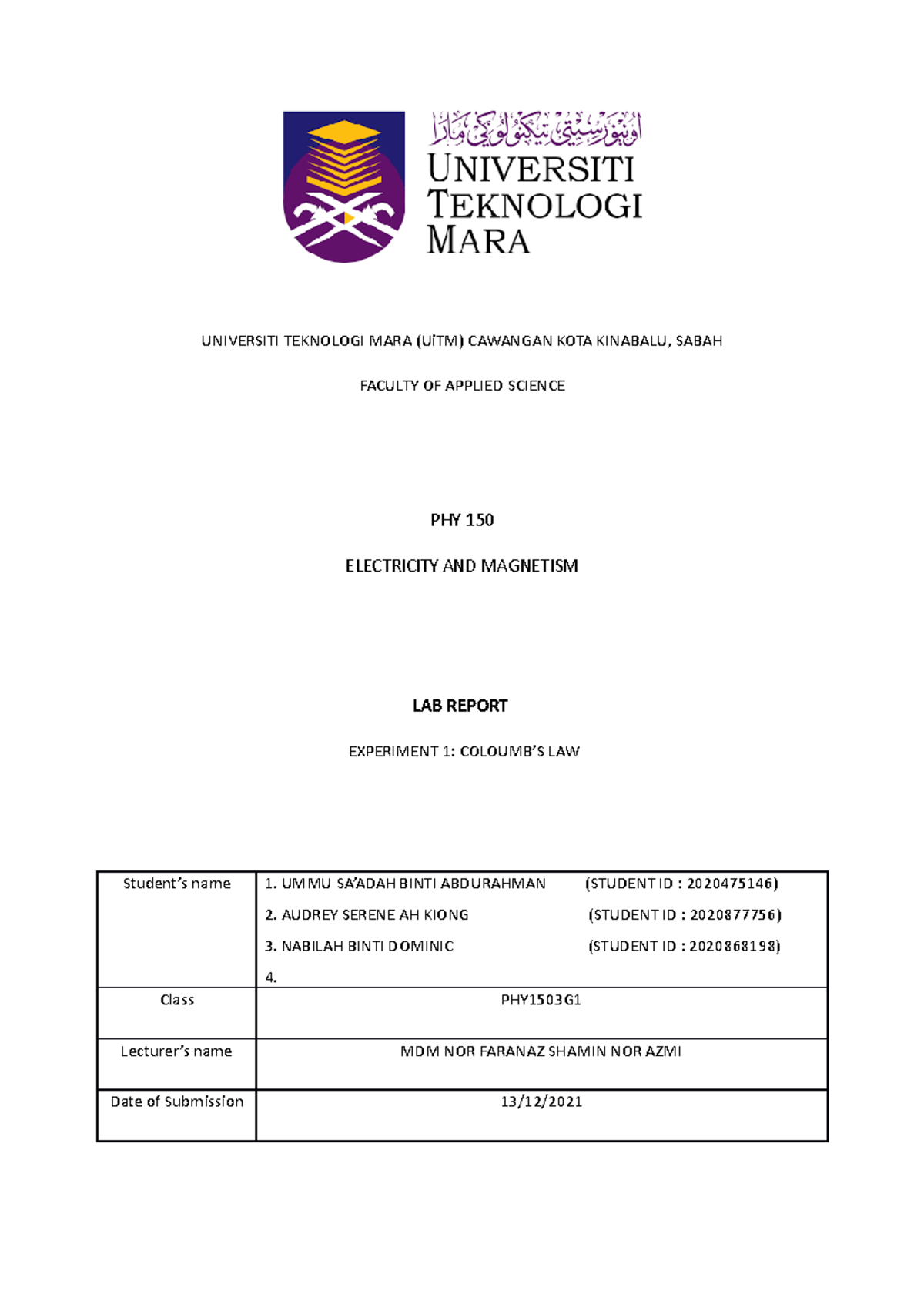 Lab Report Experiment 1 (G7) - UNIVERSITI TEKNOLOGI MARA (UiTM ...