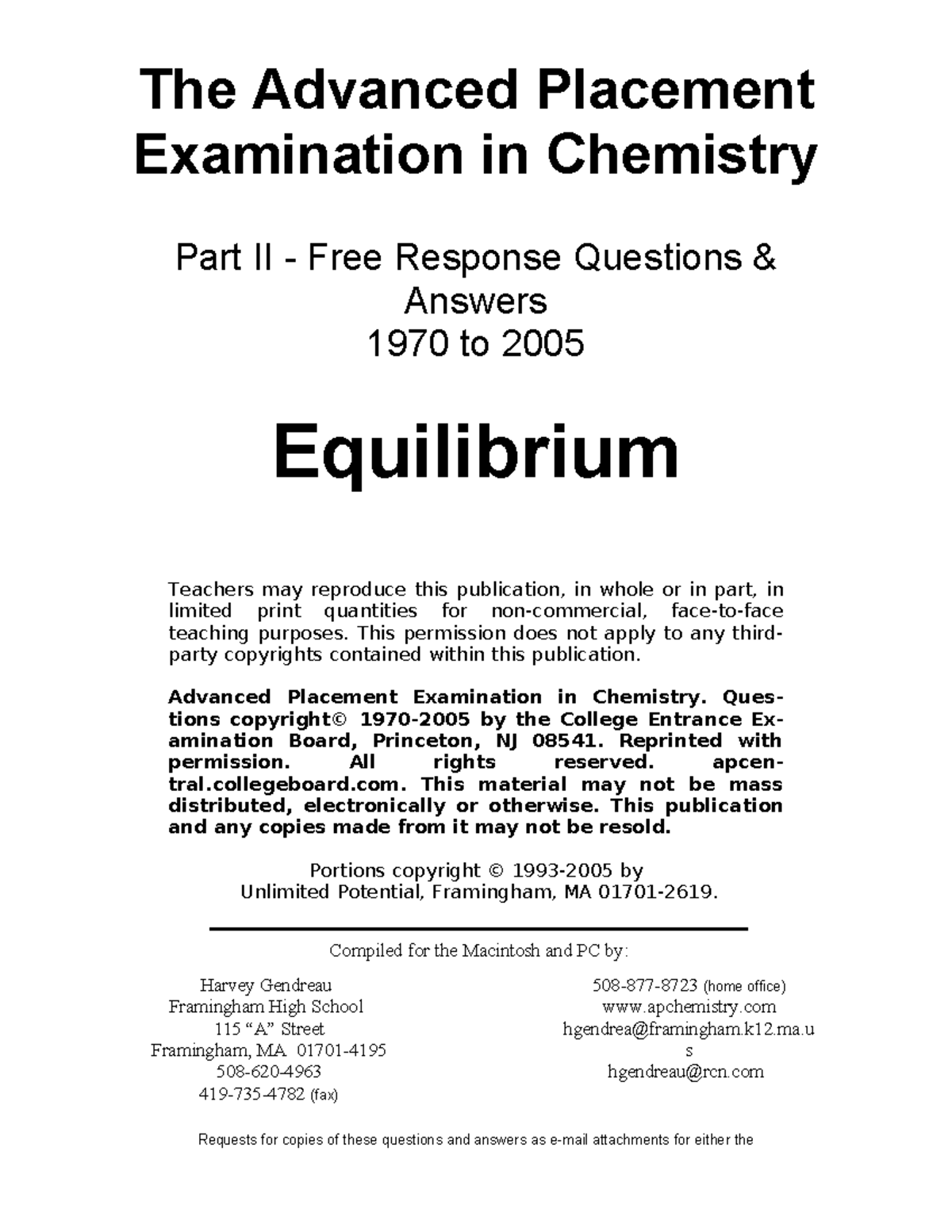 Equilibrium - FRQ - The Advanced Placement Examination in Chemistry ...