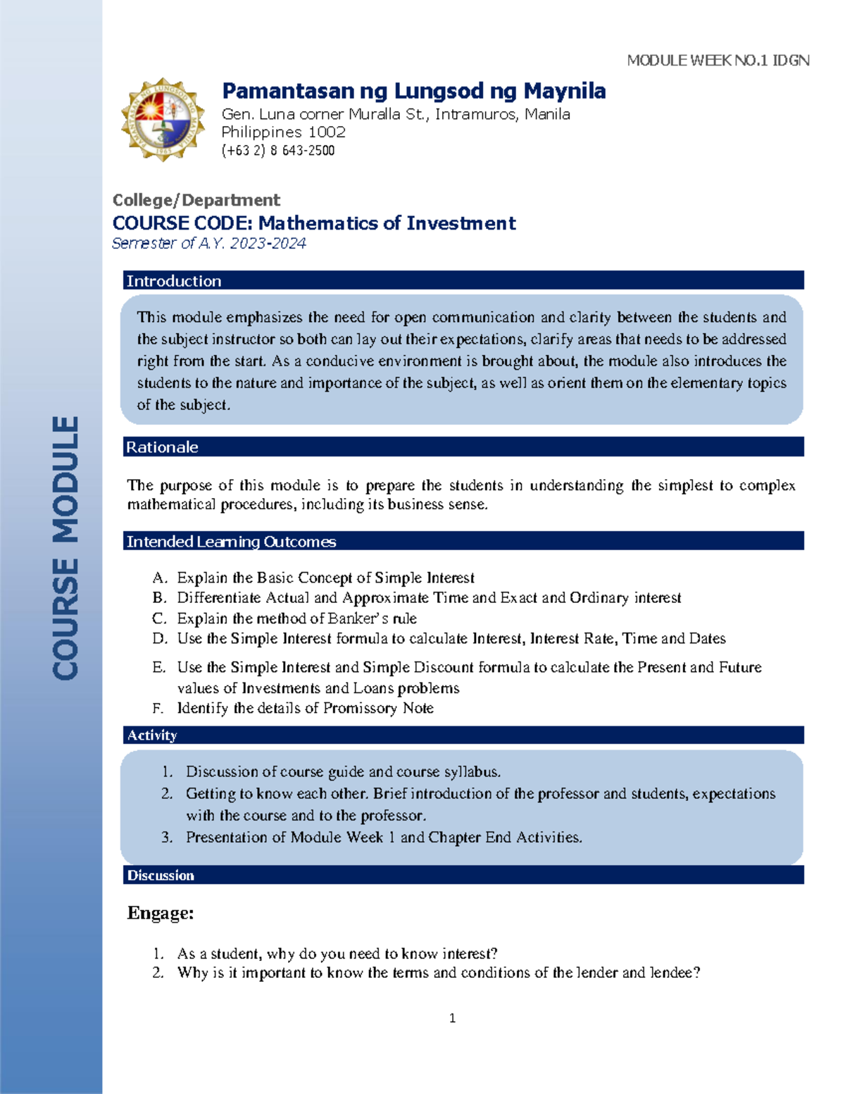Course Module 1 Mathematics of Investment IDGN - MODULE WEEK NO IDGN ...