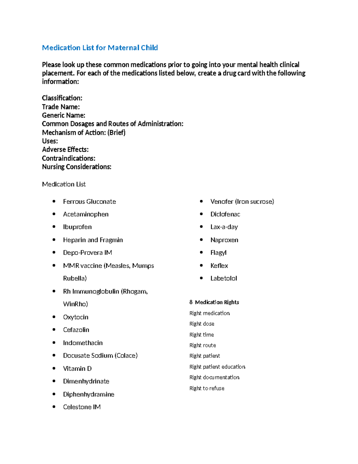 Medication List for Maternal Child - For each of the medications listed ...