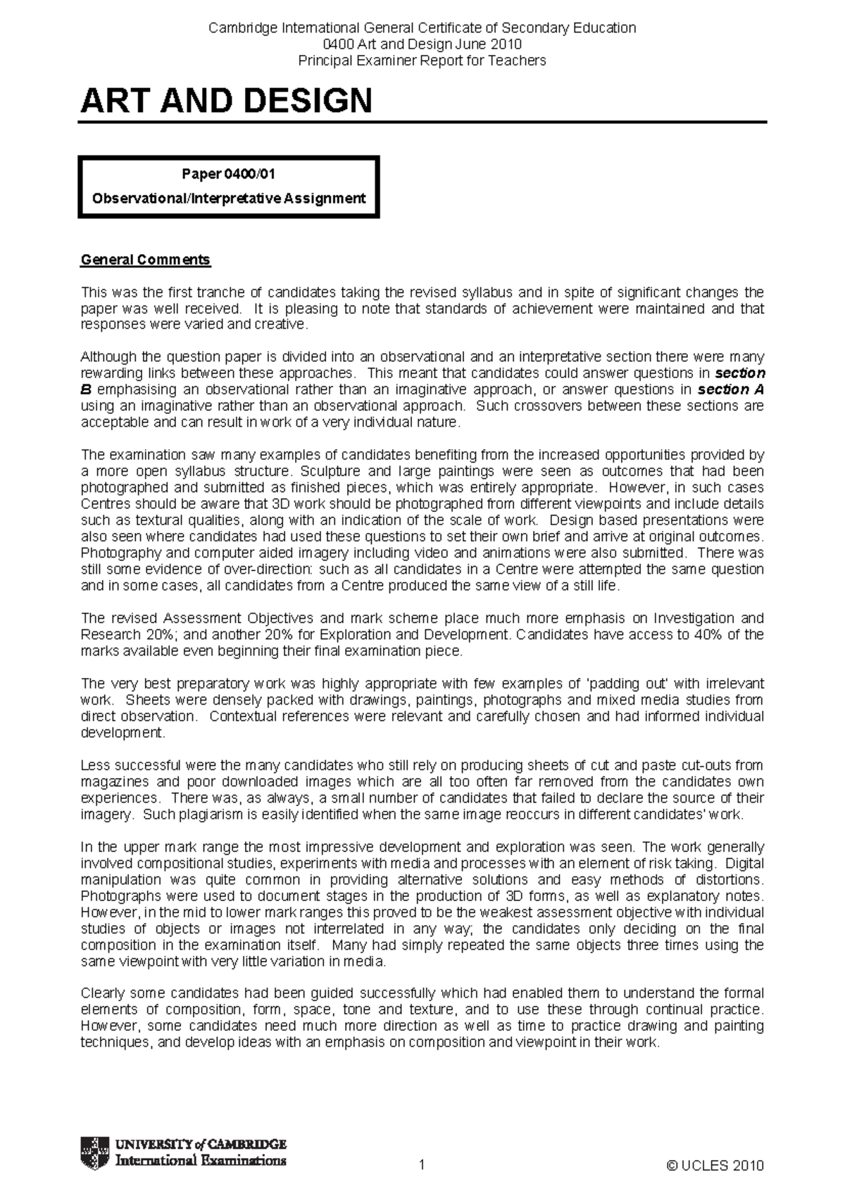 Paper - 0400 Art and Design June 2010 Principal Examiner Report for ...
