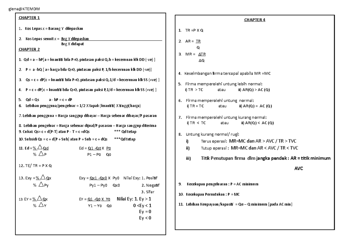 Rumus Miroekonomi - Eko notes - glena@KTEMDM CHAPTER 1 1. Kos Lepas x ...