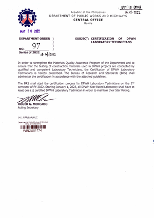 Memo 097.7 100722 Conduct of Written Examination for DPWH Laboratory ...