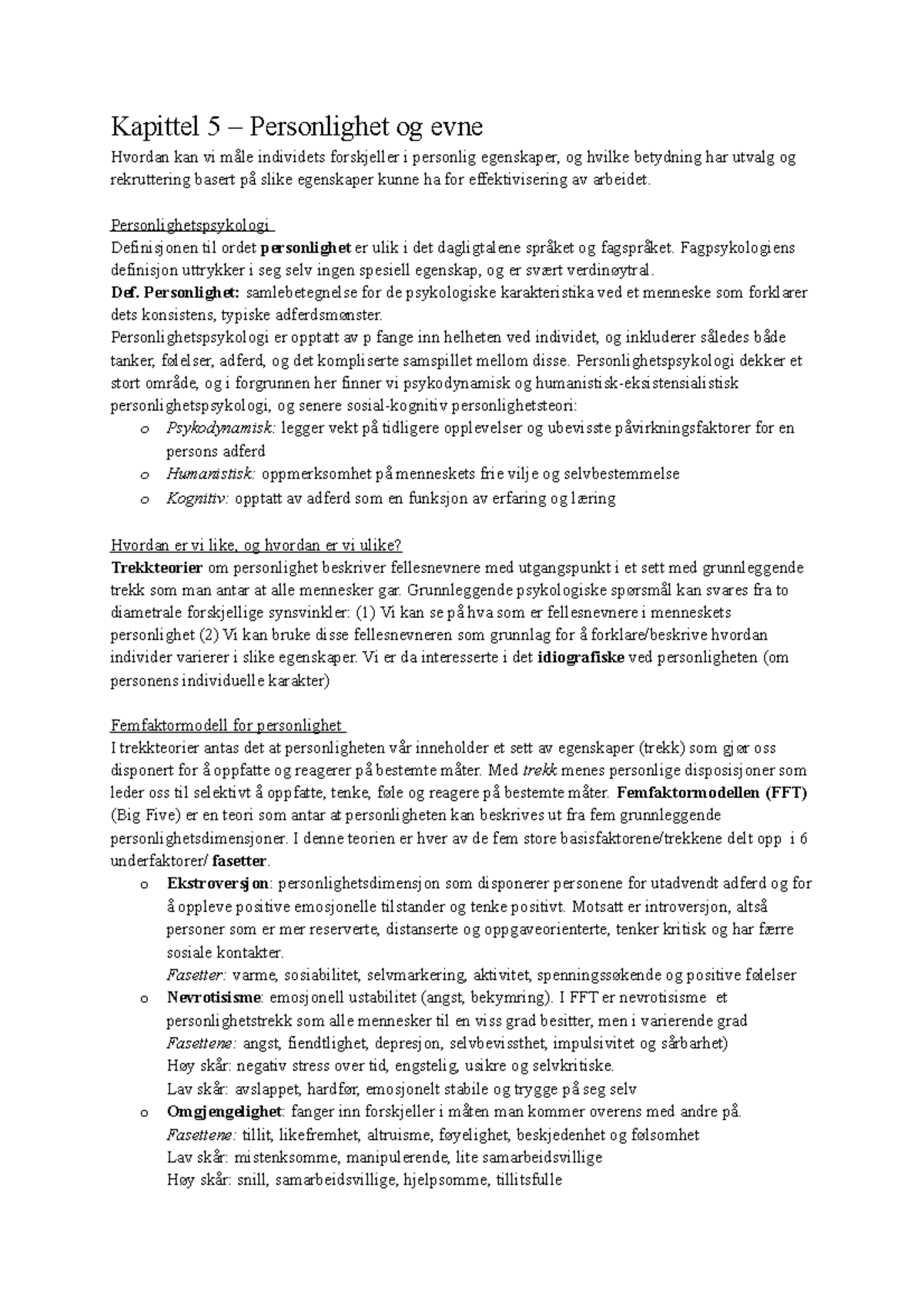 Kapittel 5 - Personlighet og evne - Kapittel 5 – Personlighet og evne Hvordan kan vi måle ...