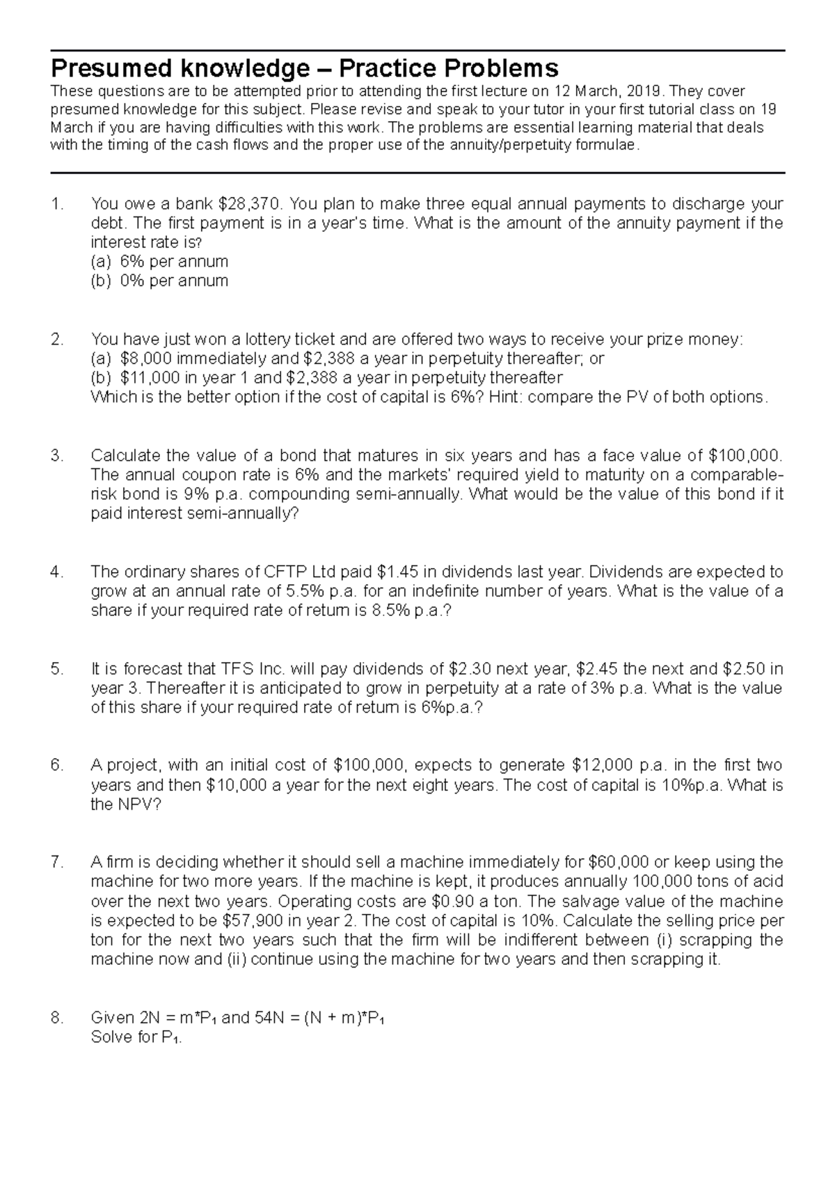 Tutorial Problems 2019 A - Presumed knowledge – Practice Problems These ...