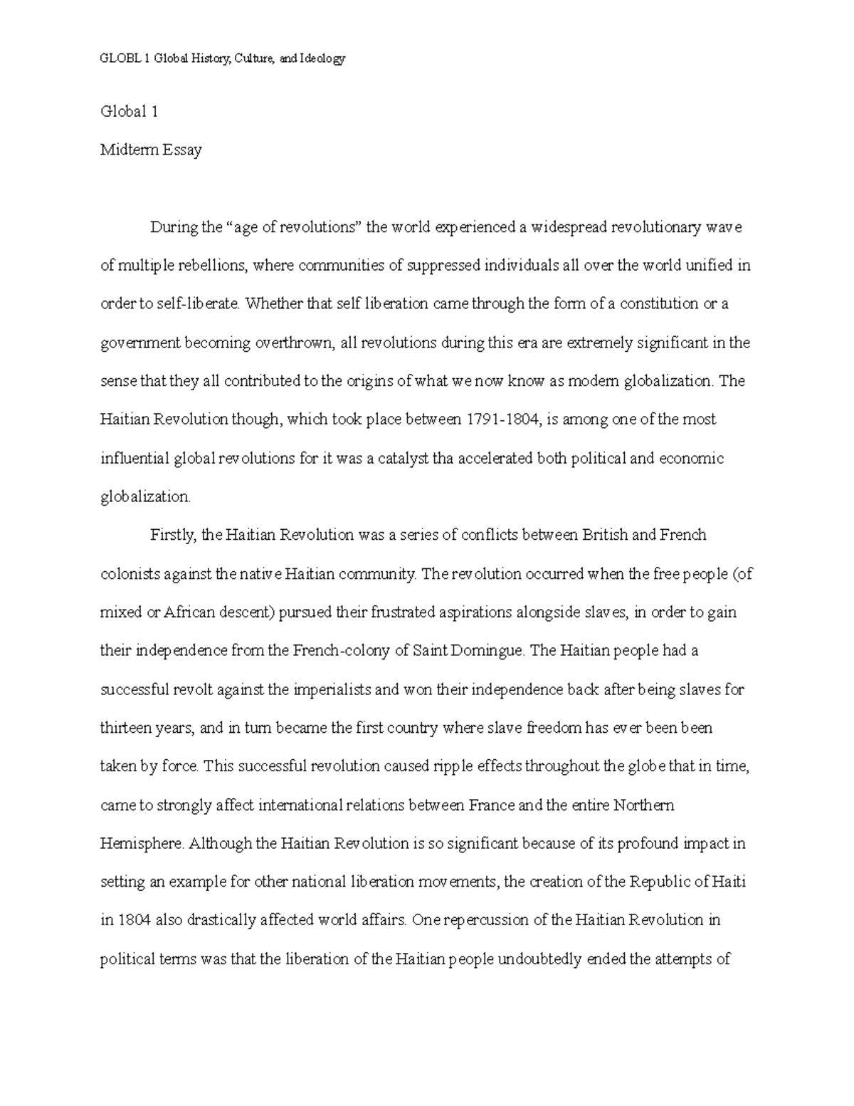 Midterm Essay - Global 1 Midterm Essay During the