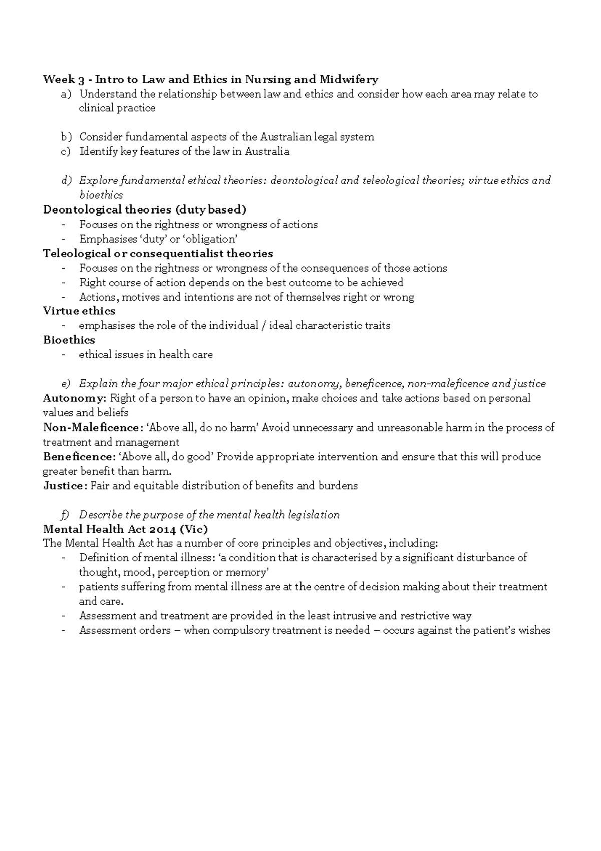 NUR1113 - Lecture notes - Week 3 - Intro to Law and Ethics in Nursing ...