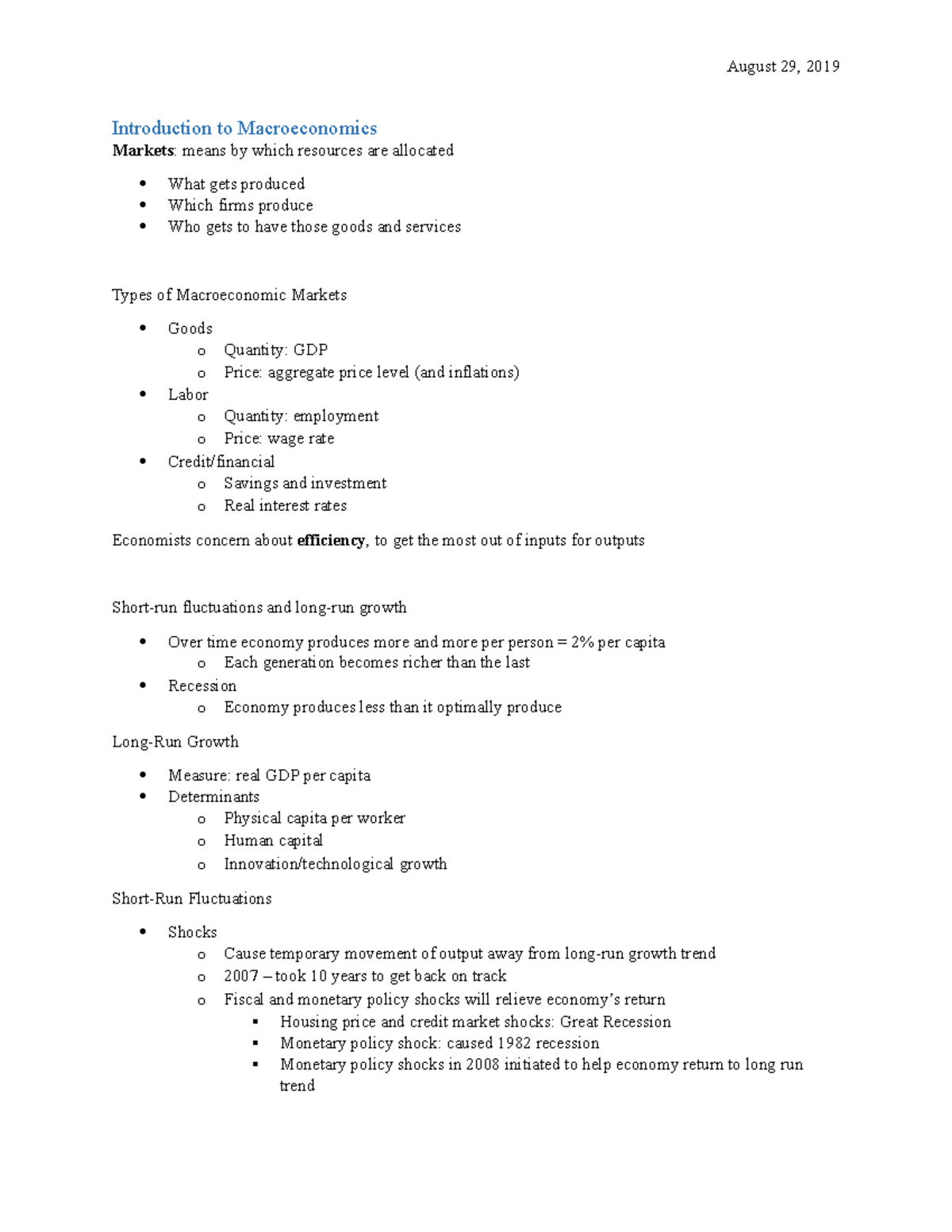 Lesson 1 Introduction to Macroeconomics - August 29, 2019 Introduction ...