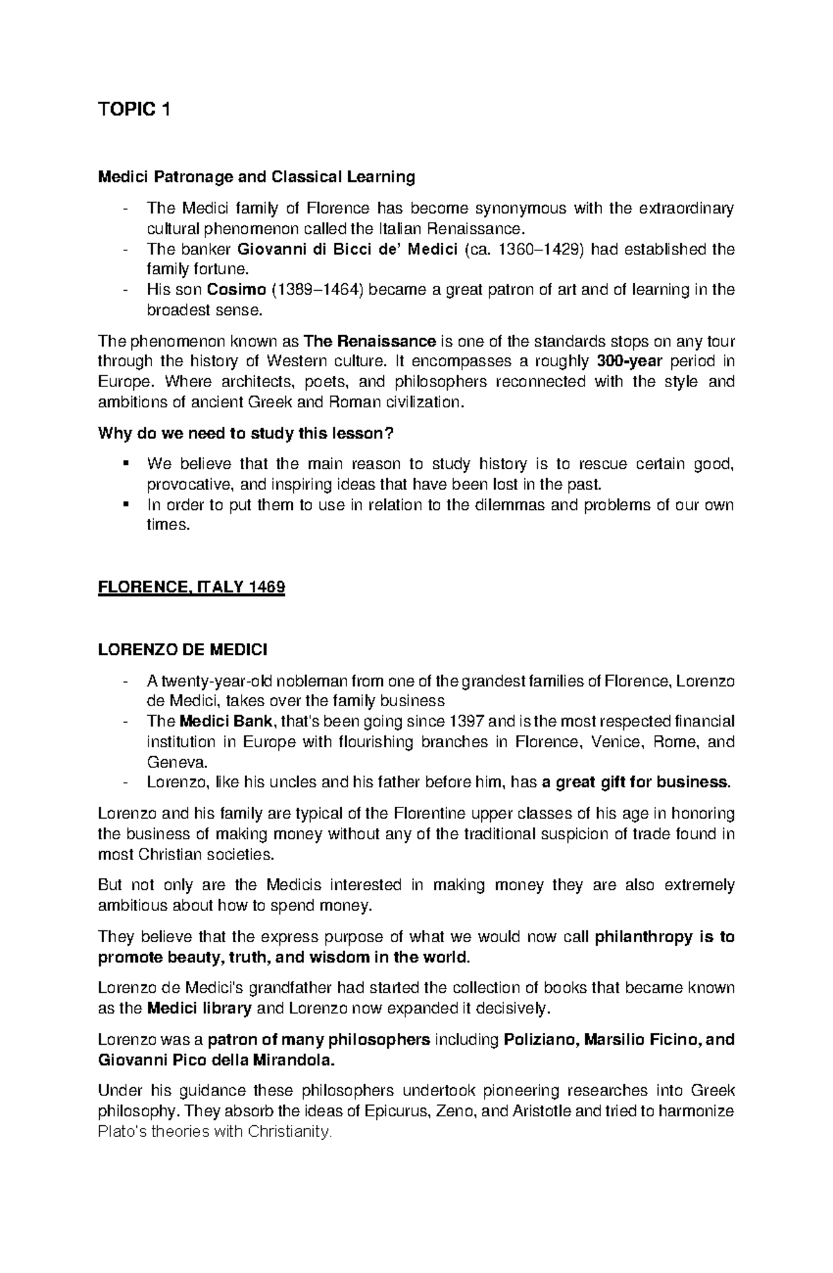 01 [ Notes] Italian Renaissance - TOPIC 1 Medici Patronage and ...