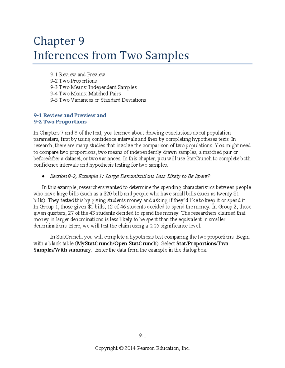 Statistics CH9 - ch 9 - 9- Chapter 9 Inferences from Two Samples 9-1 ...