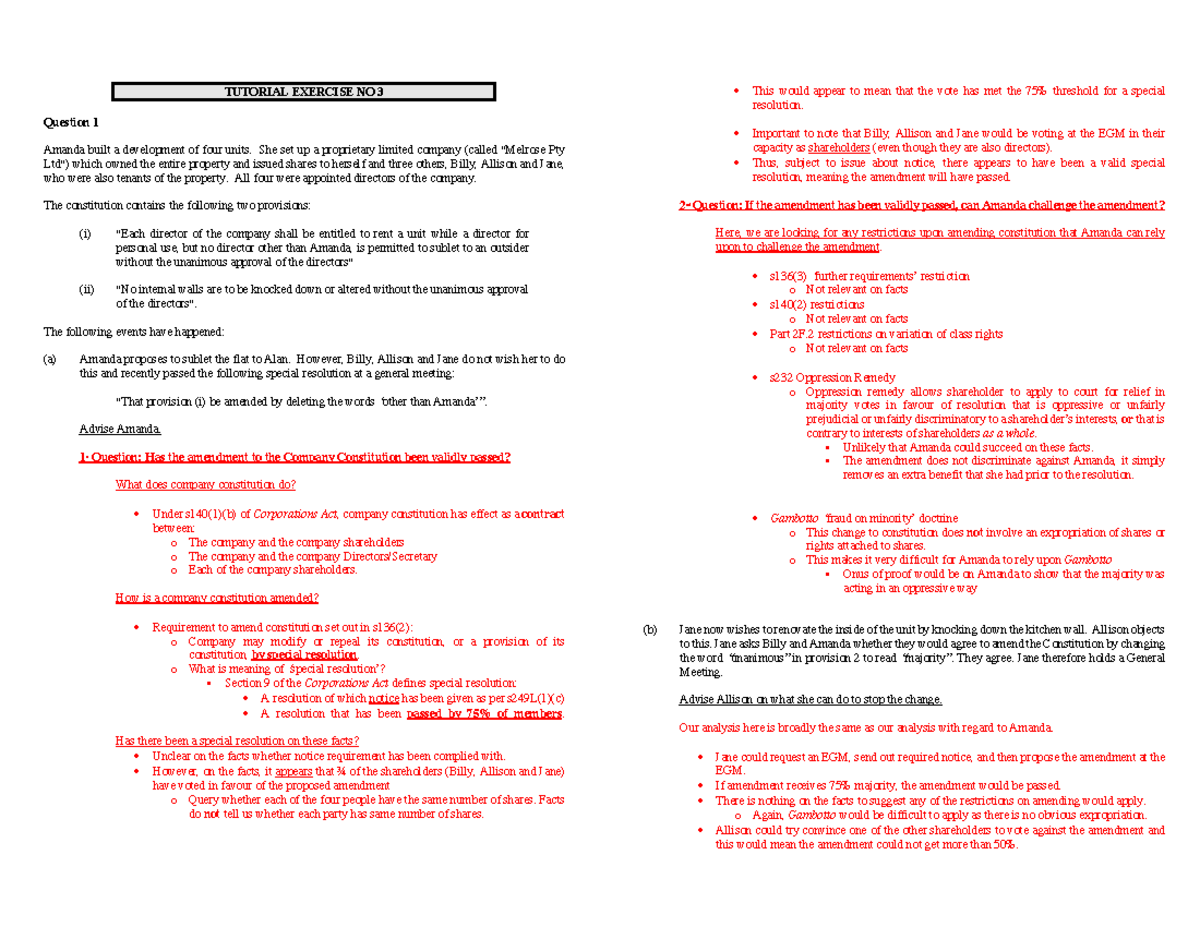 Company Law Tute Notes For Students - Tute 3 - TUTORIAL EXERCISE NO 3 ...