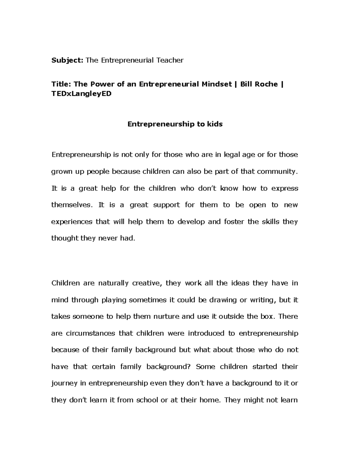 The Entrepreneurial Teacher - Watch Write Reflect - Subject: The ...