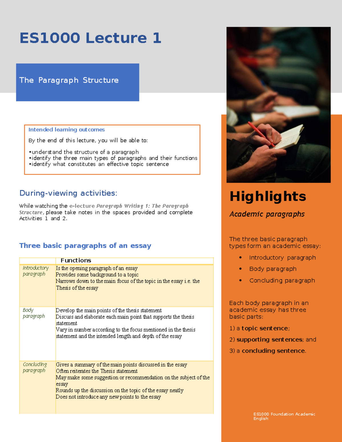 Lecture 1 The Paragraph Structure - The Paragraph Structure Intended ...