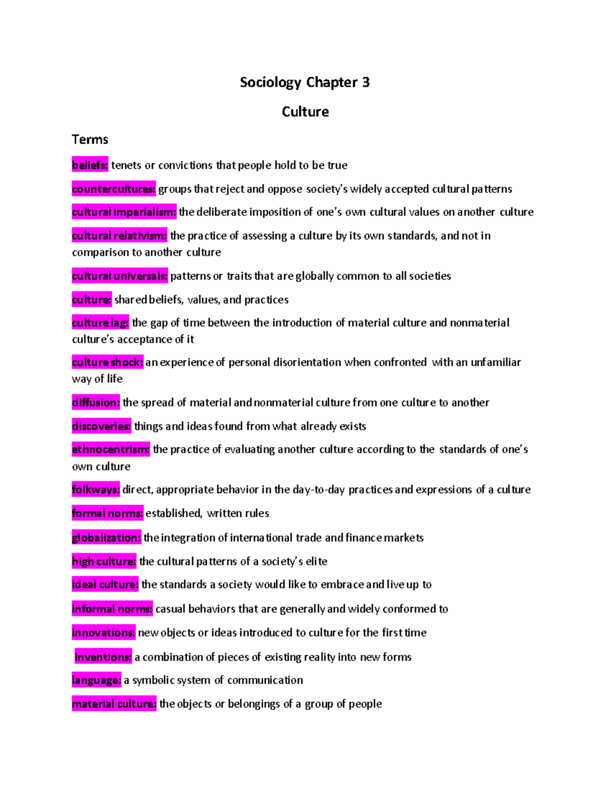 SOC Exam 1 Review - Sociology Chapter 3 Culture Terms beliefs: tenets ...