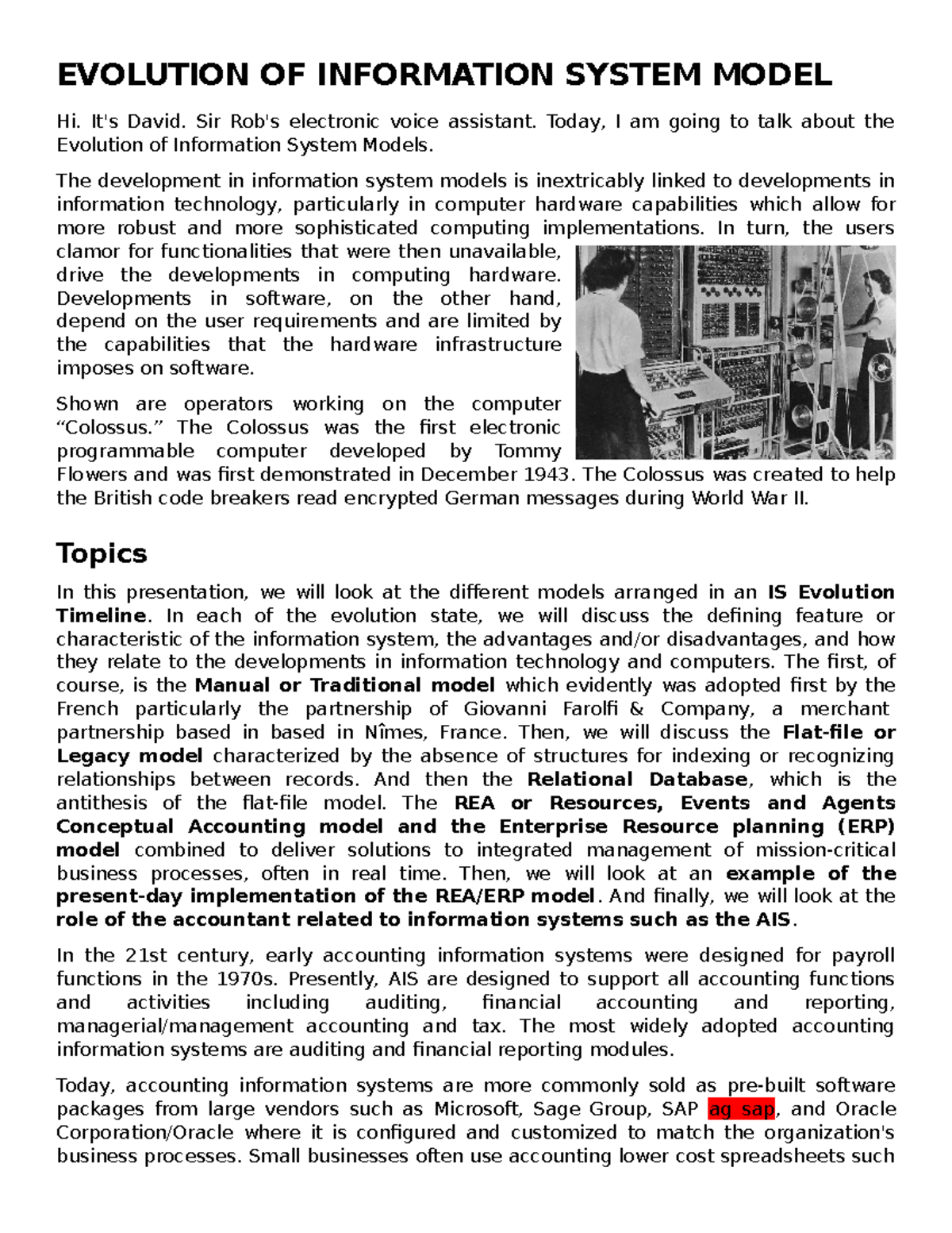Ch02 - notes - EVOLUTION OF INFORMATION SYSTEM MODEL Hi. It's David ...