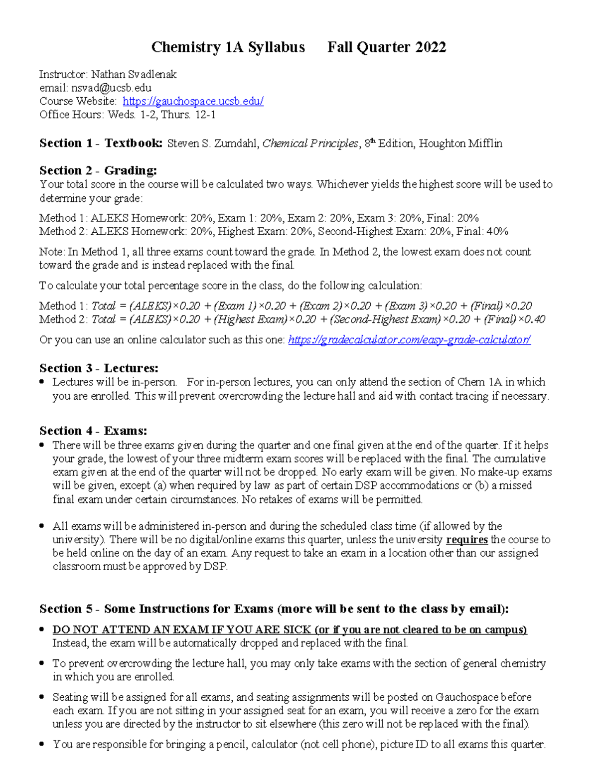 Chem 1A Syllabus 2022 - Summary General Chemistry - Chemistry 1A Syllabus Fall Quarter 2022 ...