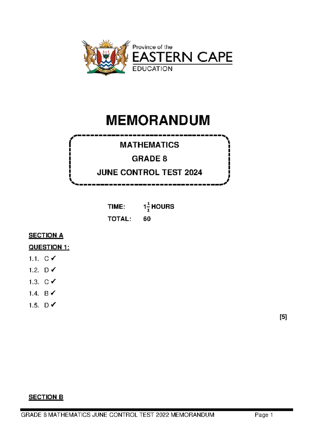 Grade 8 Mathematics June Control Test English Memo-1 - MEMORANDUM TIME ...