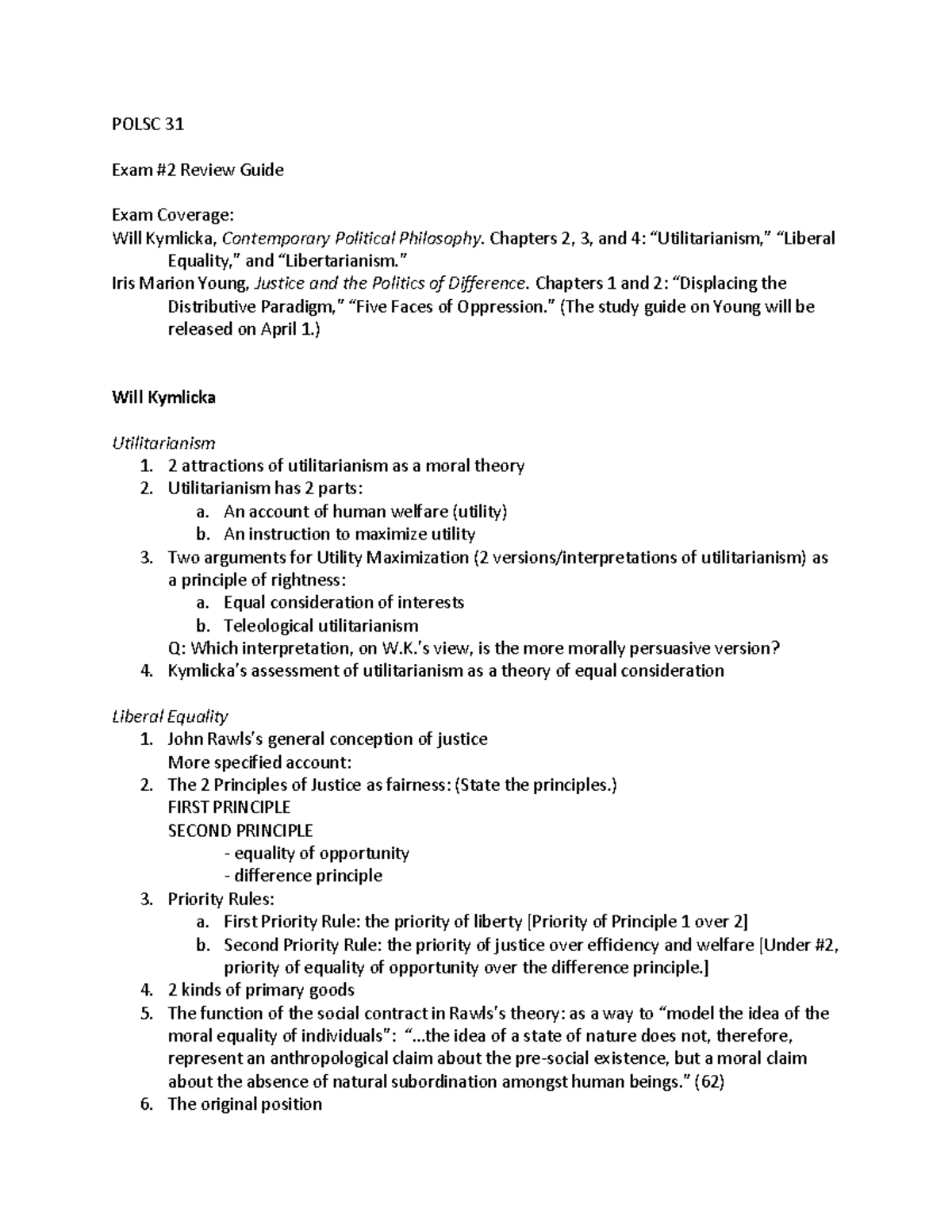 Exam 2 Study Guide Part 1 - POLSC 31 Exam # 2 Review Guide Exam Coverage: Will Kymlicka, - Studocu