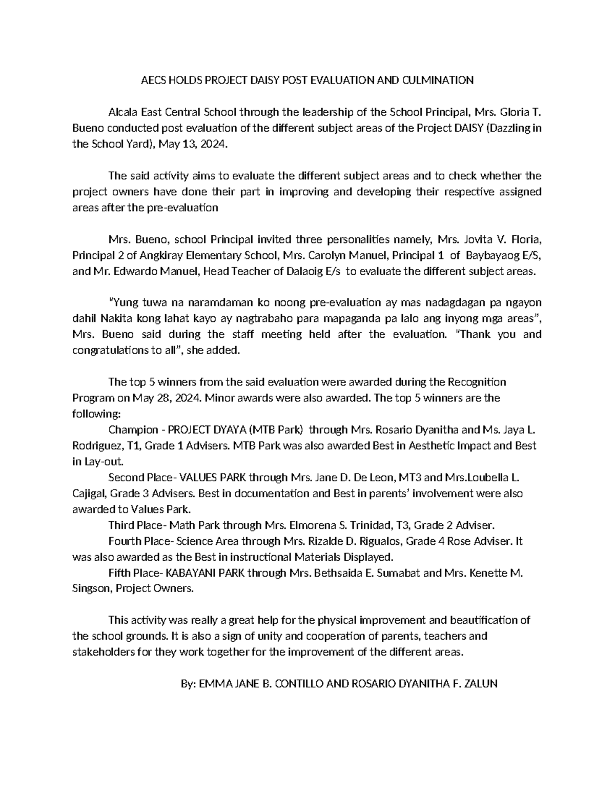 Project Daisy Final Evaluation - AECS HOLDS PROJECT DAISY POST ...